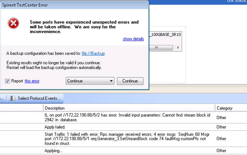 Spirent TestCenter: The GUI crashed with Error Message - Some ports ...